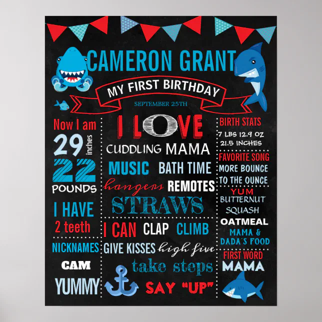 Shark First Birthday chalkboard sign for a boy | Zazzle