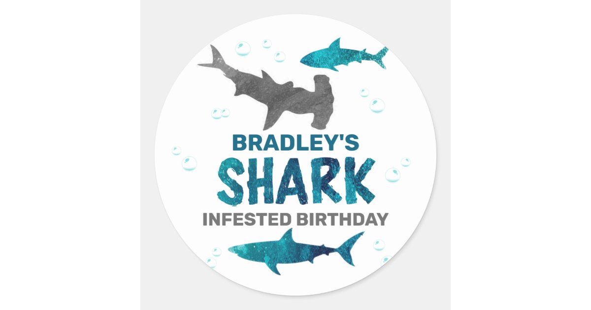 Shark Infested Any Age Birthday Party Classic Round Sticker | Zazzle