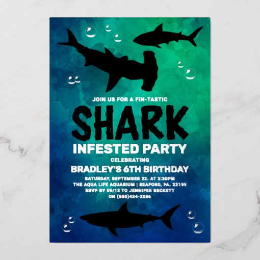Shark Infested Any Age Birthday Party Real Foil Invitation | Zazzle