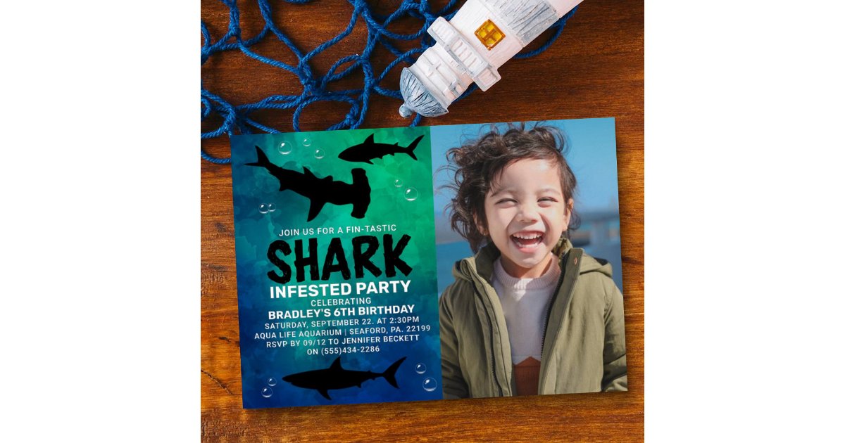 Shark Infested Any Age Birthday Photo Real Foil Invitation | Zazzle