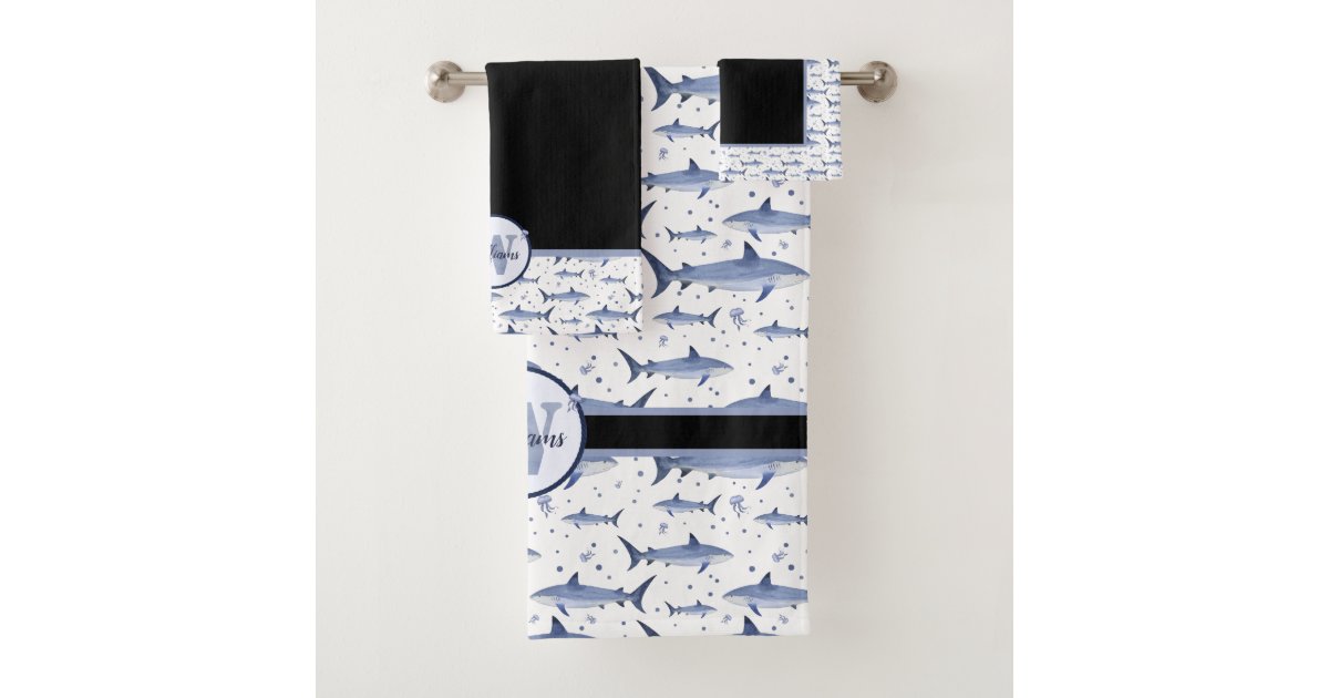 Shark Marine Life Sea Blue Watercolor Monogram Bath Towel Set | Zazzle