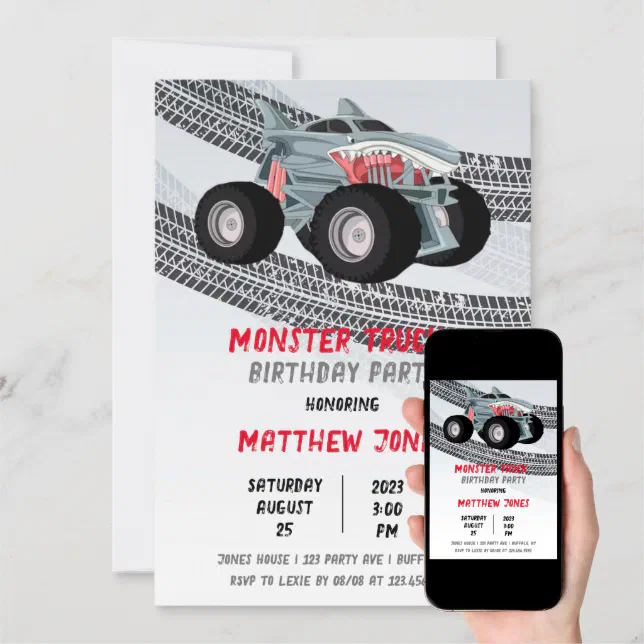 Shark Monster Truck Tire Tracks Birthday Party Invitation | Zazzle