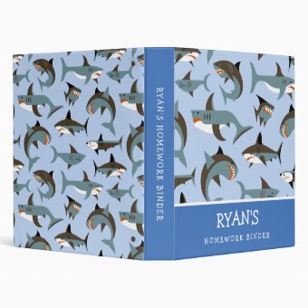 Shark Pattern Blue Name School 3 Ring Binder | Zazzle