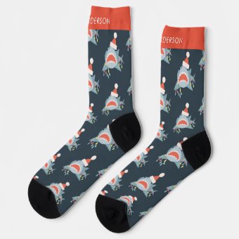 Shark Santa Claus Navy Blue Christmas Holiday Socks | Zazzle