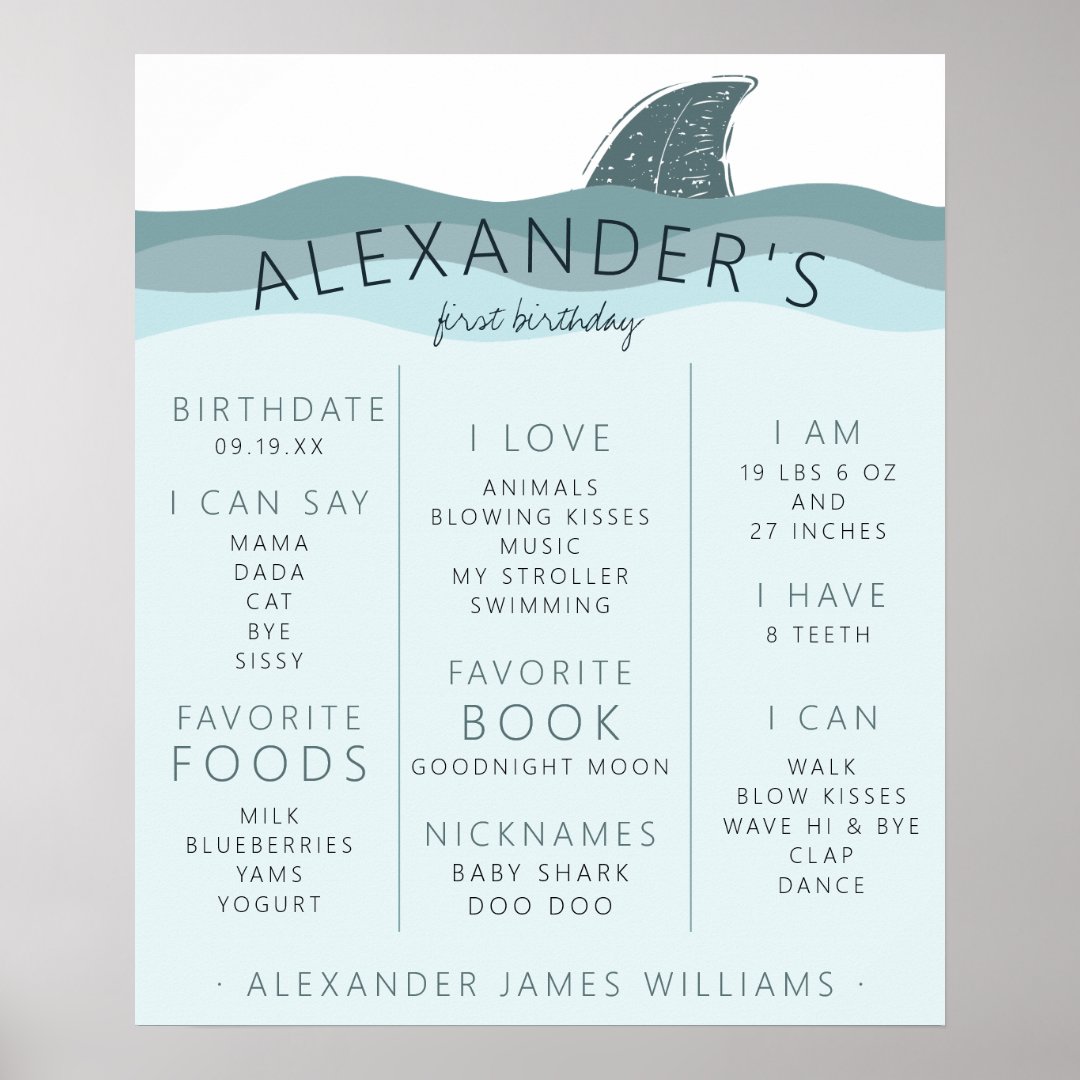 Shark Themed First Birthday Milestone Poster | Zazzle