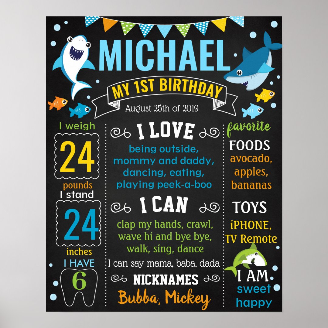Shark Under the sea First Birthday chalkboard Poster | Zazzle