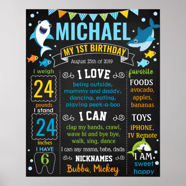 Shark Under the sea First Birthday chalkboard Poster | Zazzle