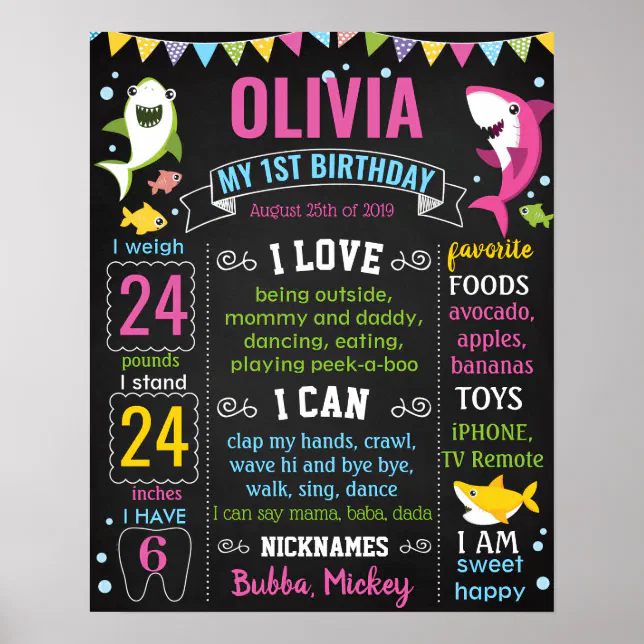 Shark Under the sea First Birthday chalkboard Poster | Zazzle
