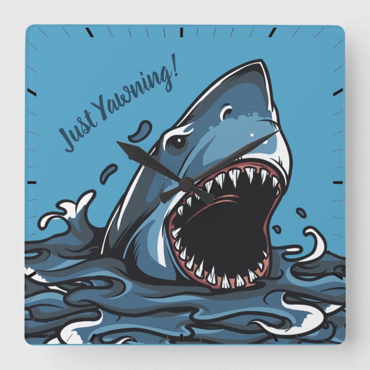 SHARK YAWNING, SHARK TIRED, OPEN MOUTH SQUARE WALL CLOCK | Zazzle