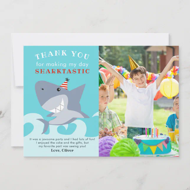 Sharktastic Shark Birthday Party Photo Thank You Card | Zazzle