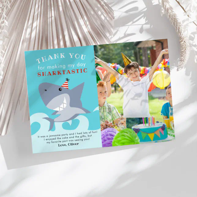 Sharktastic Shark Birthday Party Photo Thank You Card | Zazzle