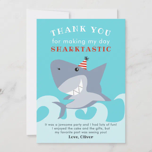 Sharktastic Shark Fish Birthday Party Thank You Card | Zazzle