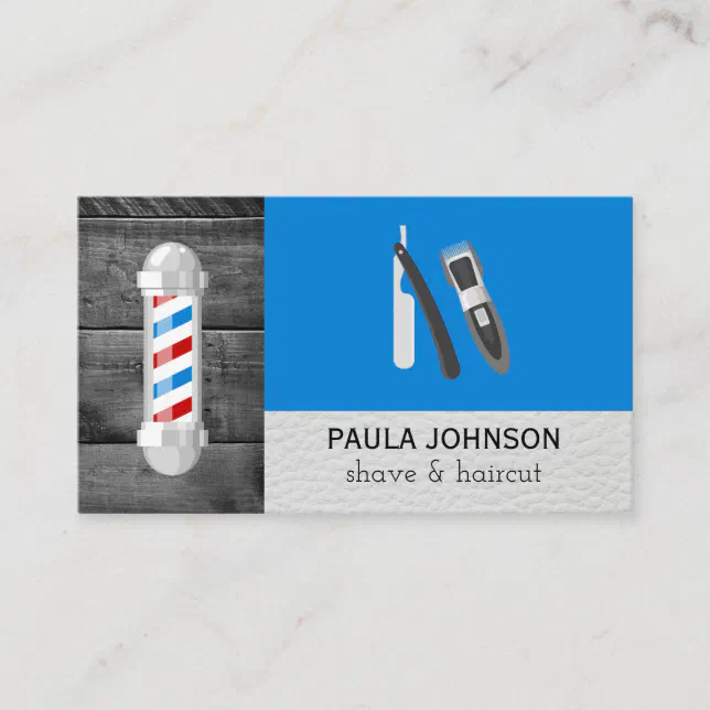 Shave and Haircut Barber | Wood Leather Trim Business Card | Zazzle