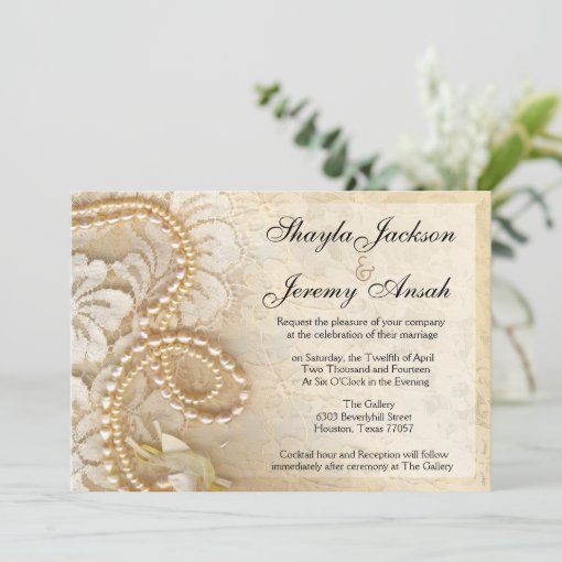 Shayla Pearls and Lace Wedding | eggshell Invitation | Zazzle
