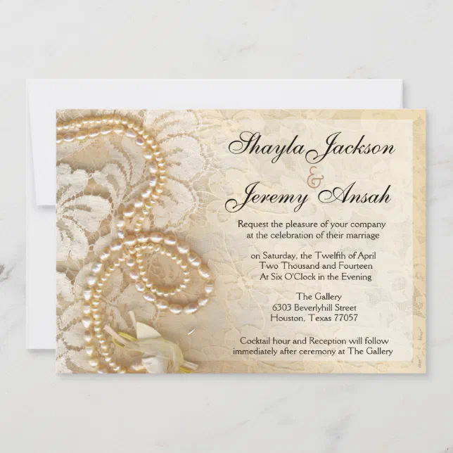 Shayla Pearls and Lace Wedding | eggshell Invitation | Zazzle