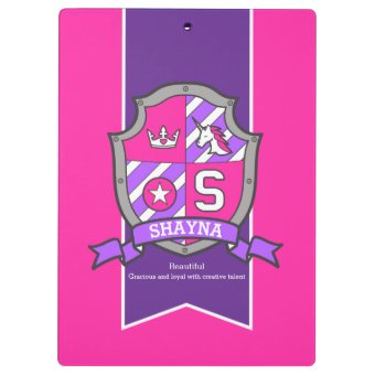 Shayna letter S unicorn crest name meaning pink Clipboard | Zazzle