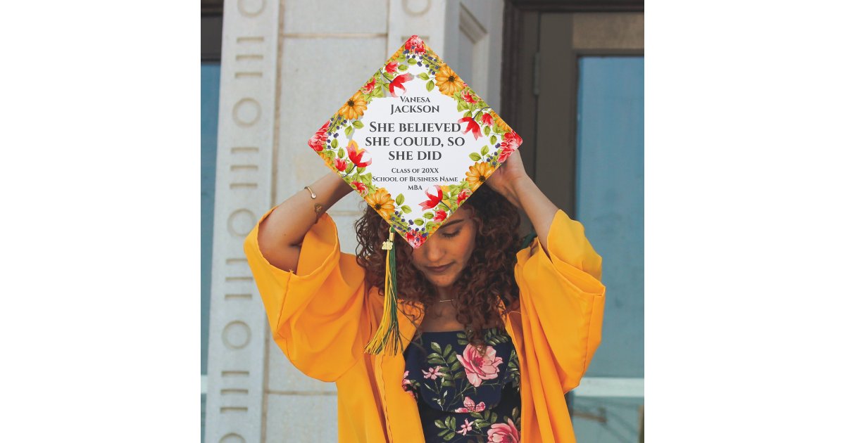 She Believed Modern Bright Floral MBA Graduation Cap Topper | Zazzle