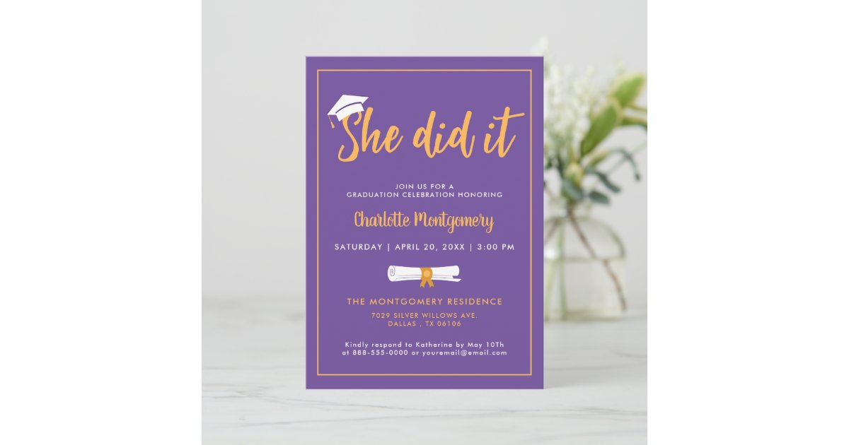 She Did It Grad Cap Purple Graduation Party Photo Invitation | Zazzle
