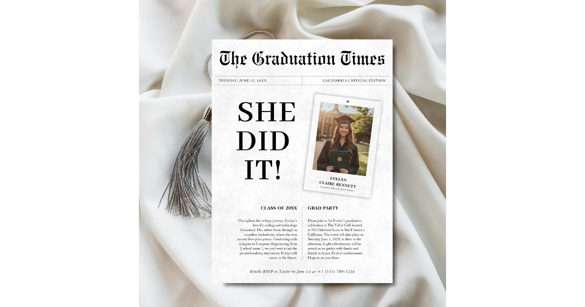 She Did It Graduation Newspaper High School Photo Invitation | Zazzle