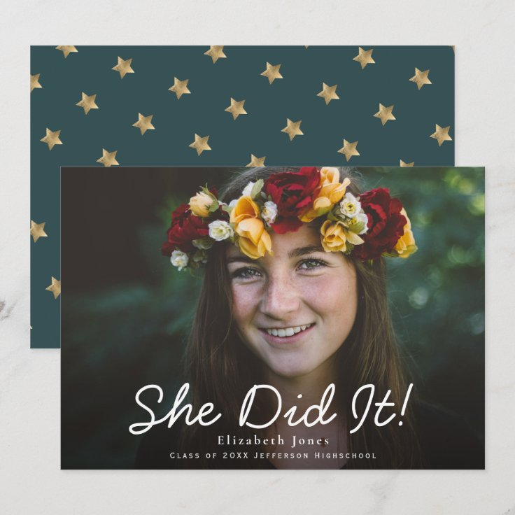 She Did It Script Graduation Photo Announcement | Zazzle