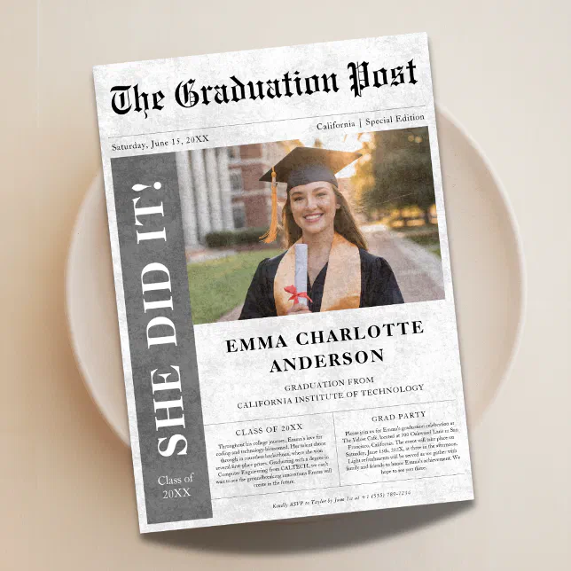 She Did It | Simple Graduation Newspaper Photo Invitation | Zazzle