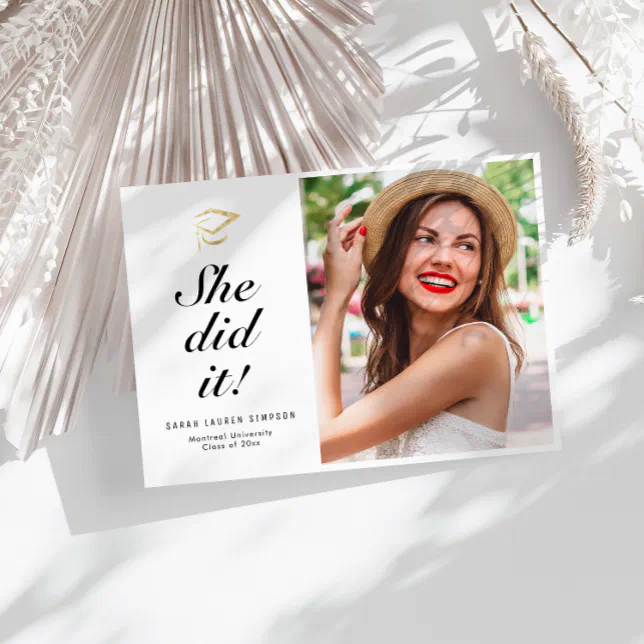 SHE DID IT | simple script photo graduation card | Zazzle