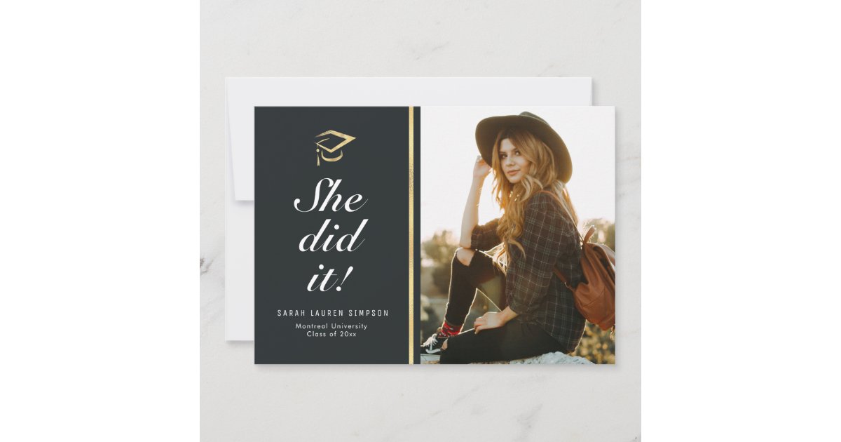 SHE DID IT | white script photo graduation card | Zazzle