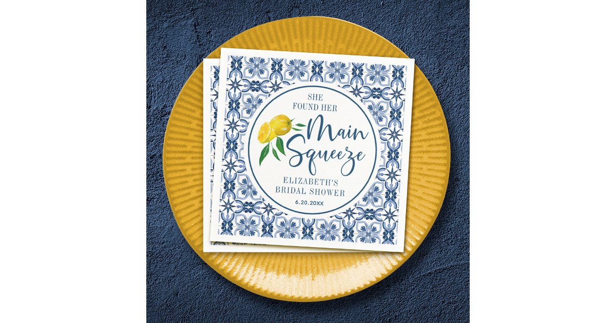 She Found Her Main Squeeze Lemon Italian Blue Tile Napkins | Zazzle