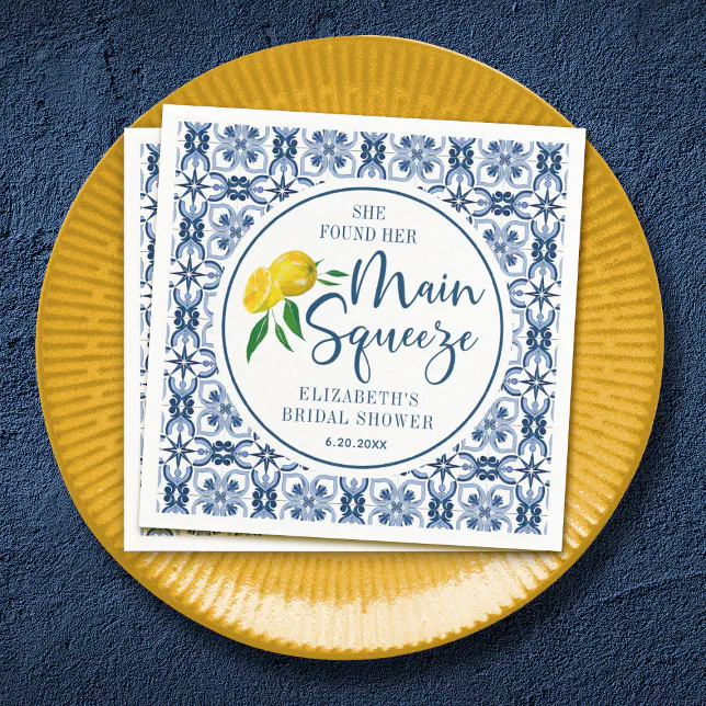 She Found Her Main Squeeze Lemon Italian Blue Tile Napkins | Zazzle