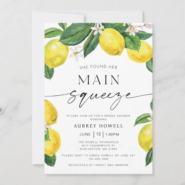 She Found Her Main Squeeze Lemons Bridal Shower Invitation | Zazzle