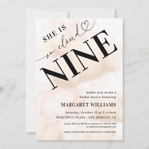 She is on Cloud Nine Heart Script Bridal Shower Invitation | Zazzle