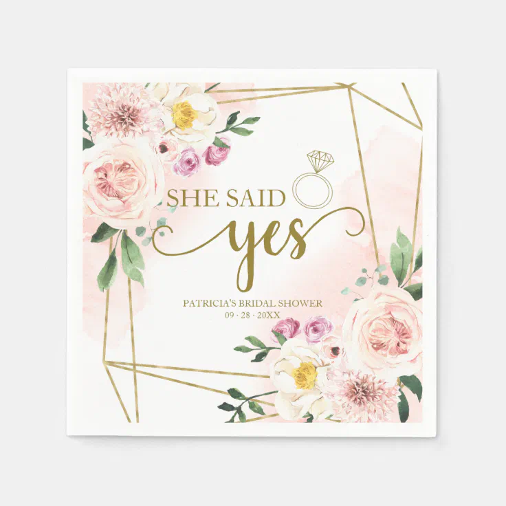 She Said Yes Blush Floral Geometric Bridal Shower Napkins | Zazzle