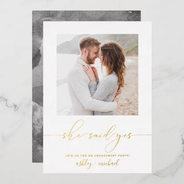 She Said Yes Calligraphy Engagement Party Gold Foil Invitation | Zazzle