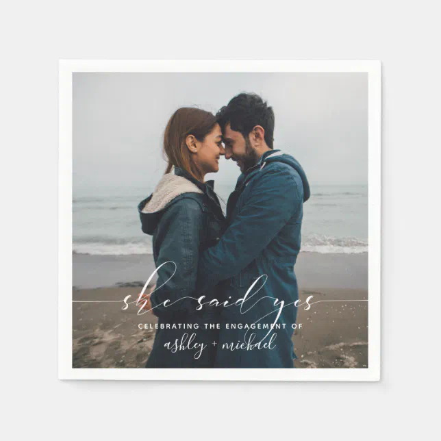 She Said Yes Calligraphy Engagement Party Photo Napkins | Zazzle