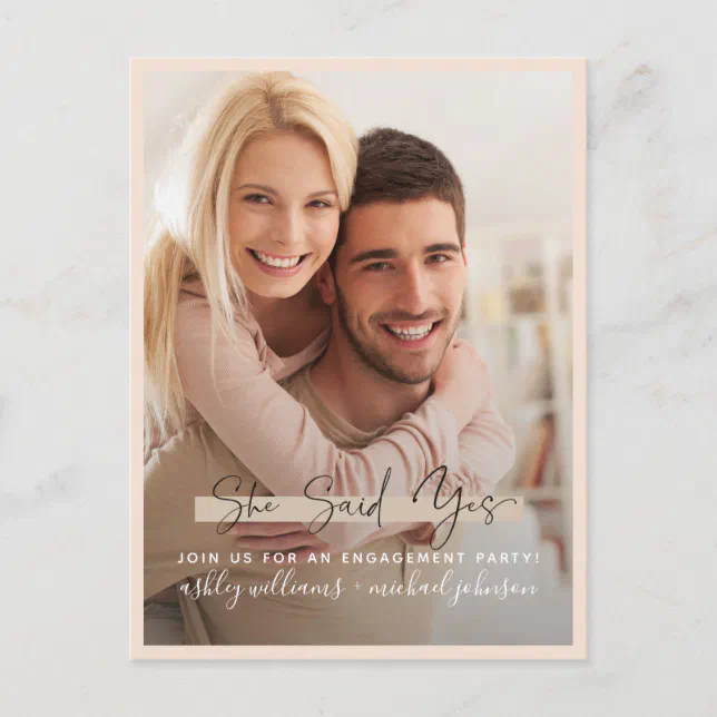 She Said Yes Calligraphy Photo Blush Engagement Announcement Postcard ...