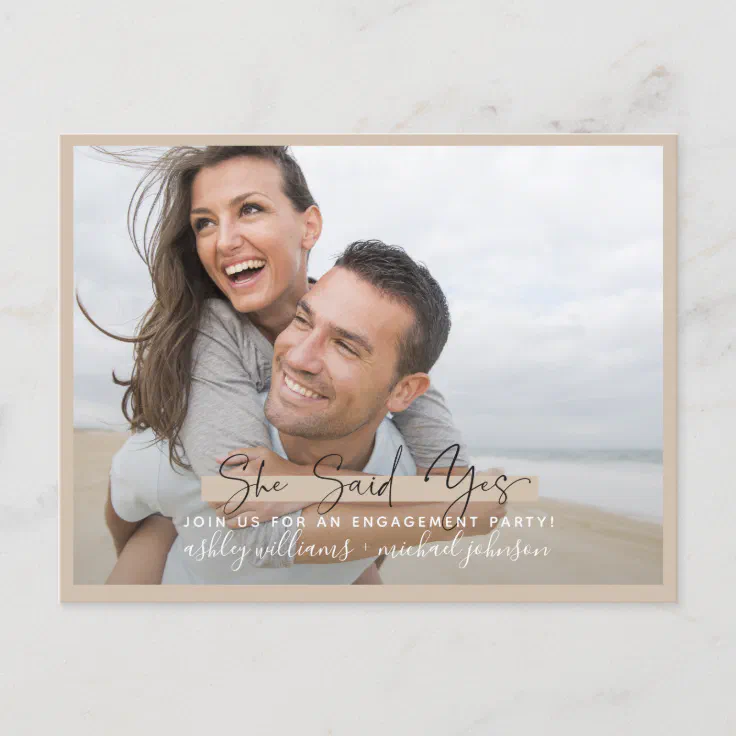 She Said Yes Calligraphy Photo Blush Engagement Announcement Postcard ...