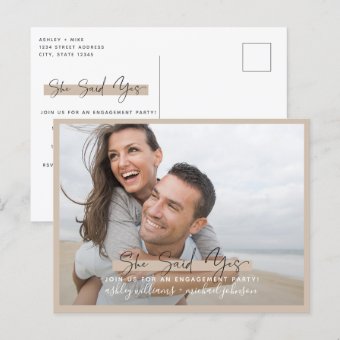 She Said Yes Calligraphy Photo Blush Engagement Announcement Postcard ...
