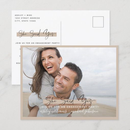 She Said Yes Calligraphy Photo Blush Engagement Announcement Postcard ...
