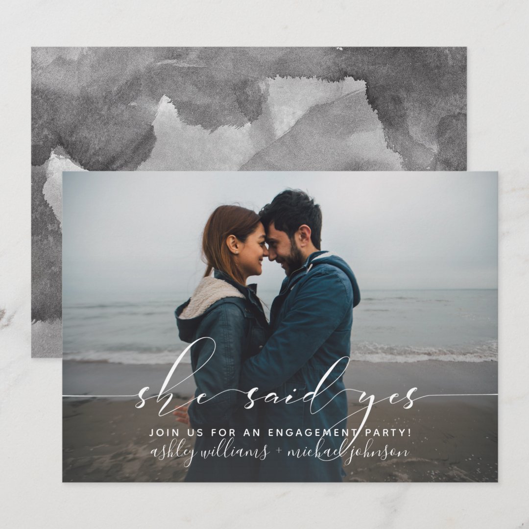 She Said Yes Calligraphy Photo Engagement Party Invitation | Zazzle