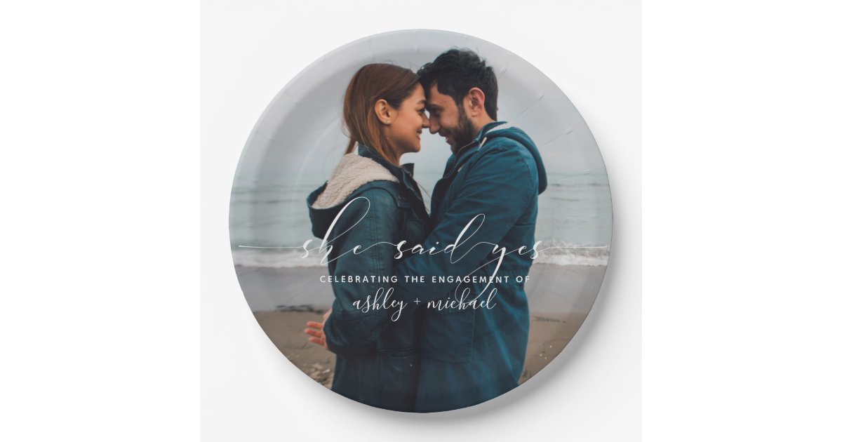 She Said Yes Calligraphy Photo Engagement Party Paper Plates | Zazzle
