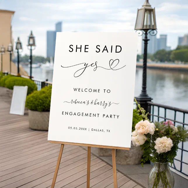 She Said Yes Chic Heart Engagement Welcome Sign | Zazzle