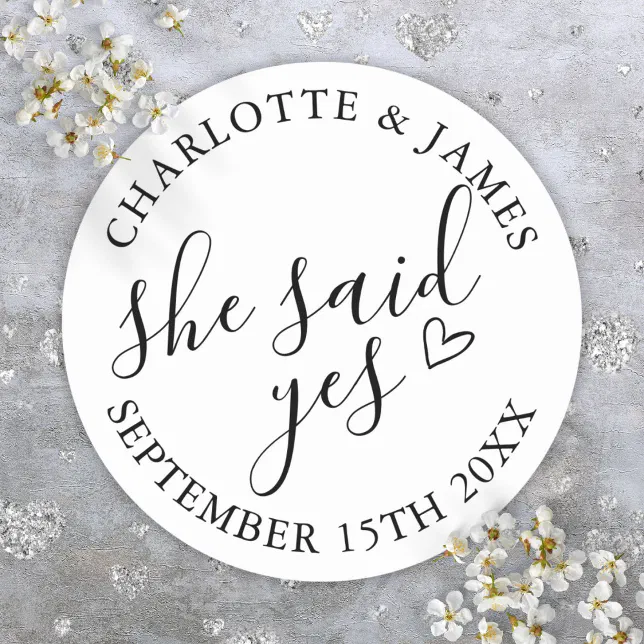 She Said Yes Engagement Party Black And White Classic Round Sticker ...