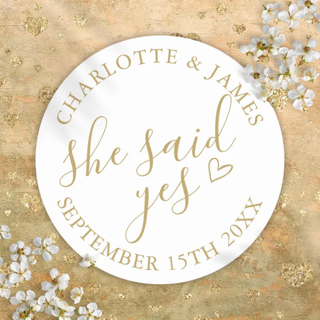 She Said Yes Engagement Party Chic Gold Classic Round Sticker | Zazzle