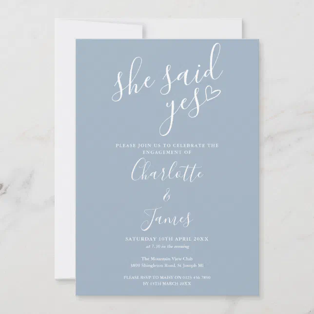 She Said Yes Engagement Party Dusty Blue Invitation | Zazzle