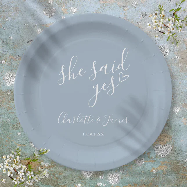She Said Yes Engagement Party Dusty Blue Paper Plates | Zazzle