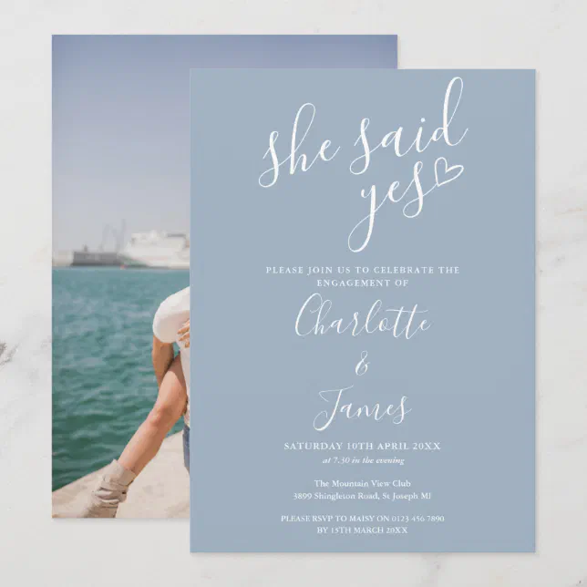 She Said Yes Engagement Party Photo Dusty Blue Invitation | Zazzle