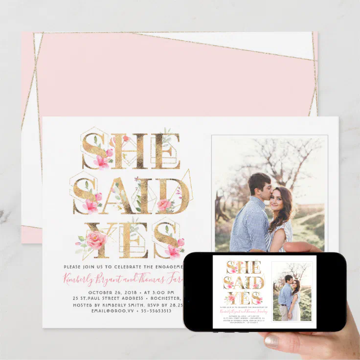She Said Yes Floral Elegant Engagement Party Photo Invitation | Zazzle