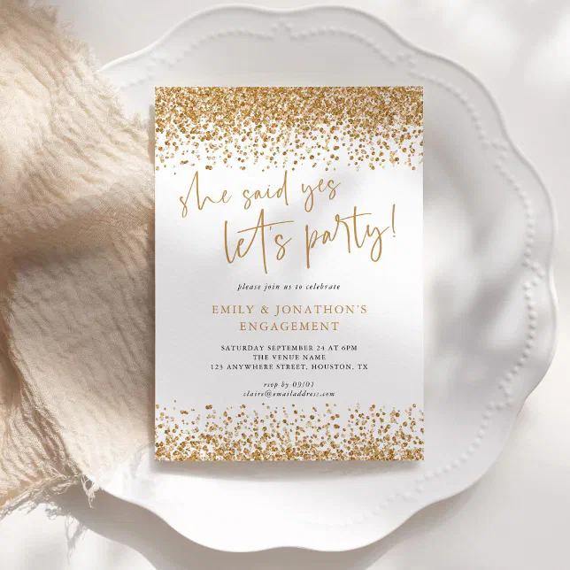 She Said Yes Gold Glitter Borders Engagement Invitation | Zazzle
