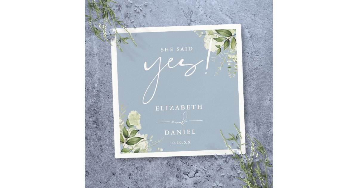 She Said Yes Greenery Dusty Blue Engagement Party Napkins | Zazzle