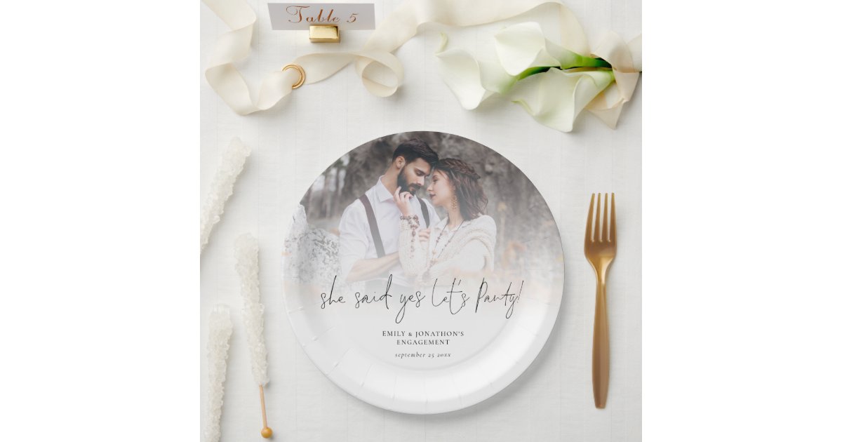 She Said Yes Lets Party Photo Overlay Engagement Paper Plates | Zazzle